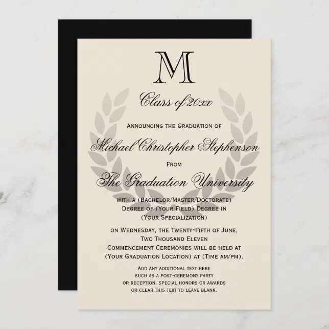 Laurel Crest Monogram Classic College Graduation I Invitation | Zazzle