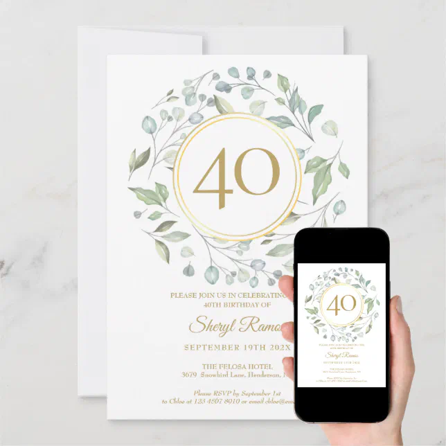 Laurel Garland Gold Monogram 40th Birthday Invitation | Zazzle