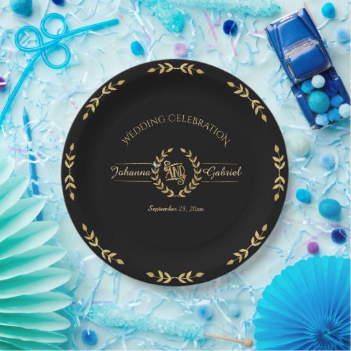 Laurel Leaf Wreath Wedding Celebration Black Gold Paper Plates | Zazzle