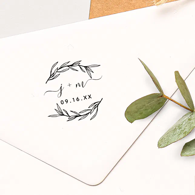 Laurel Leaves Script Initials Wedding Rubber Stamp | Zazzle