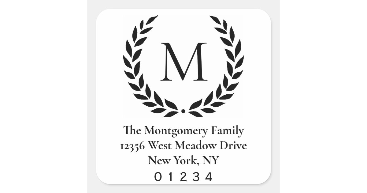 Laurel Wreath Monogram Black White Return Address Square Sticker | Zazzle