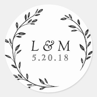 Laurel Wreath Wedding Monogram Classic Round Sticker | Zazzle