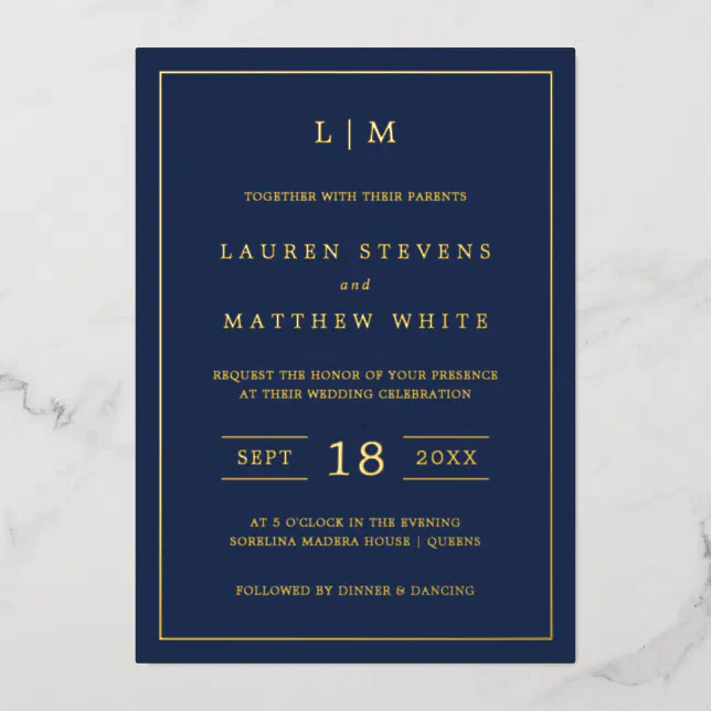 Lauren Navy Blue Monogram Elegant Wedding Foil Invitation | Zazzle