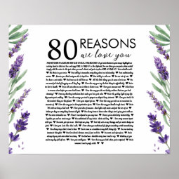 lavender 80 reasons we love you grandma birthday p poster | Zazzle