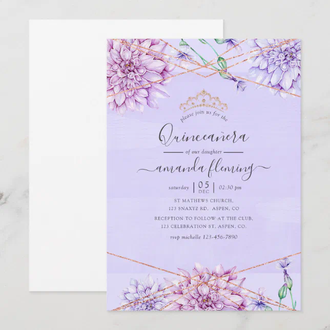 Lavender and Gold Floral Geometric Quinceañera Invitation | Zazzle