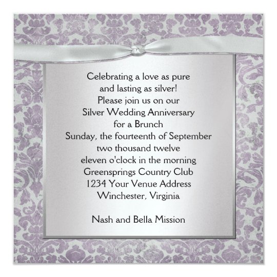 Lavender and Silver Damask 25th Wedding Anniversar Invitation | Zazzle.com