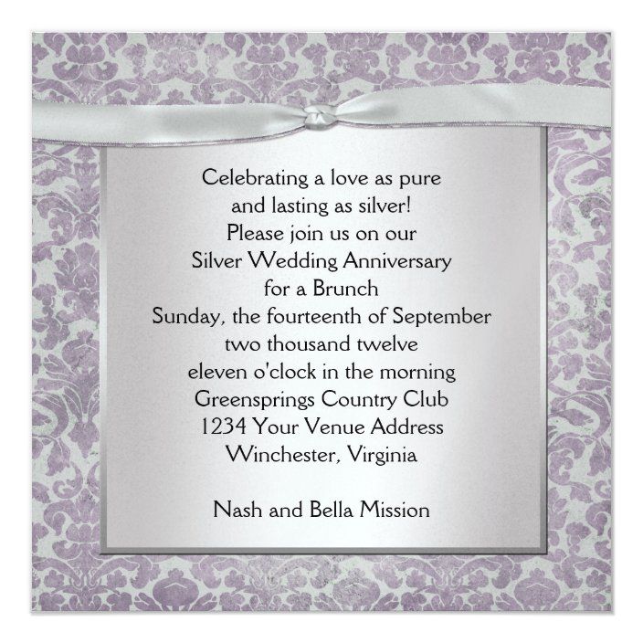 Lavender and Silver Damask 25th Wedding Anniversar Invitation | Zazzle.com