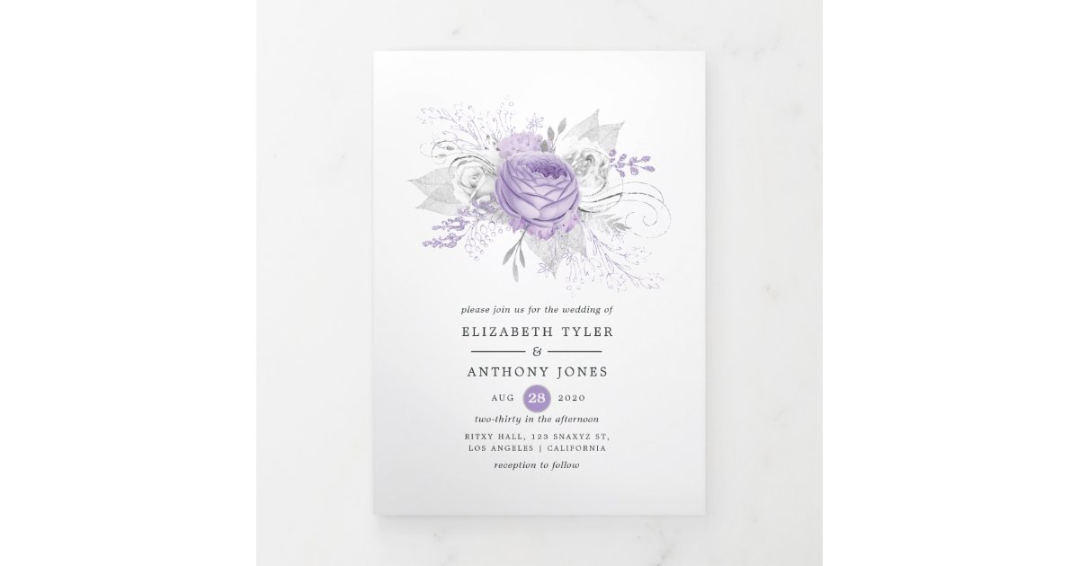 Lavender and Silver Floral Wedding Tri-Fold Invitation | Zazzle
