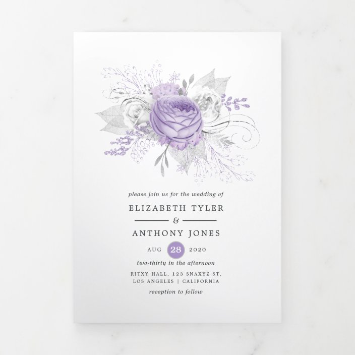 Lavender and Silver Floral Wedding Tri-Fold Invitation | Zazzle.com