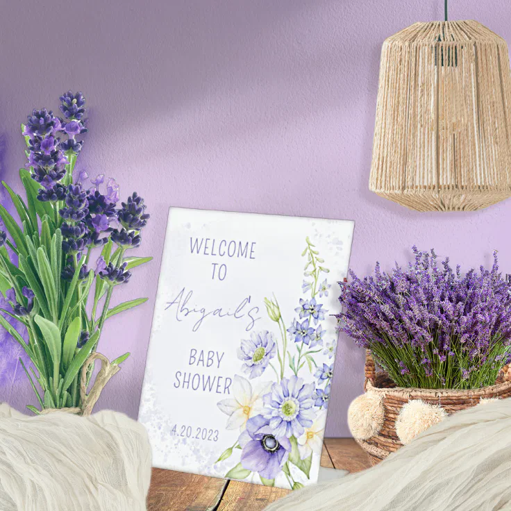 Lavender Boho Wildflower Baby Shower Welcome Pedestal Sign | Zazzle