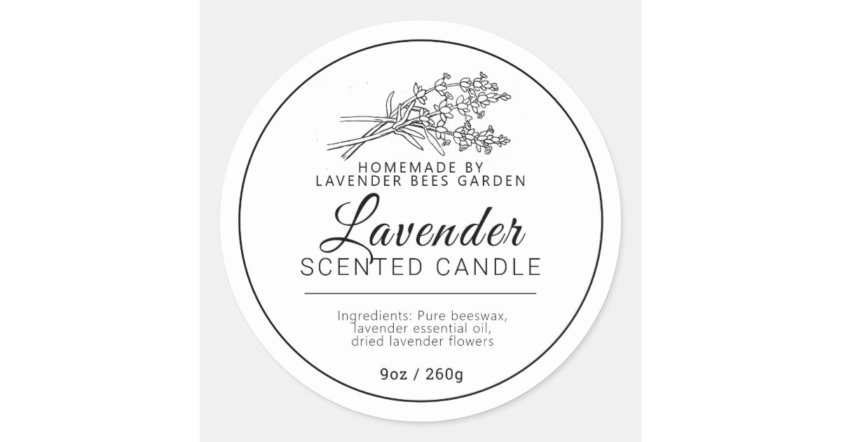 Lavender botanic art mono candle ingredients classic round sticker | Zazzle