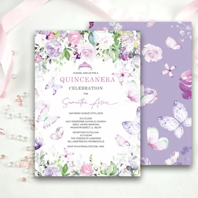 Lavender Butterfly Themed Quinceanera Invitation | Zazzle