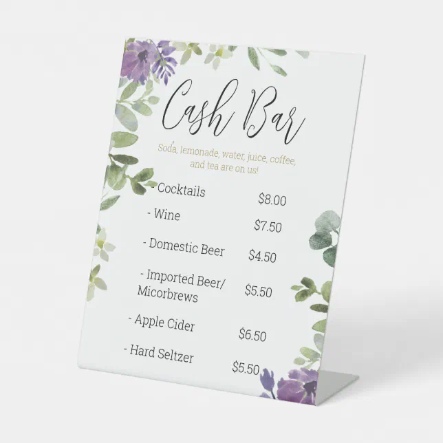 Lavender Eucalyptus Cash Bar Pedestal Sign | Zazzle