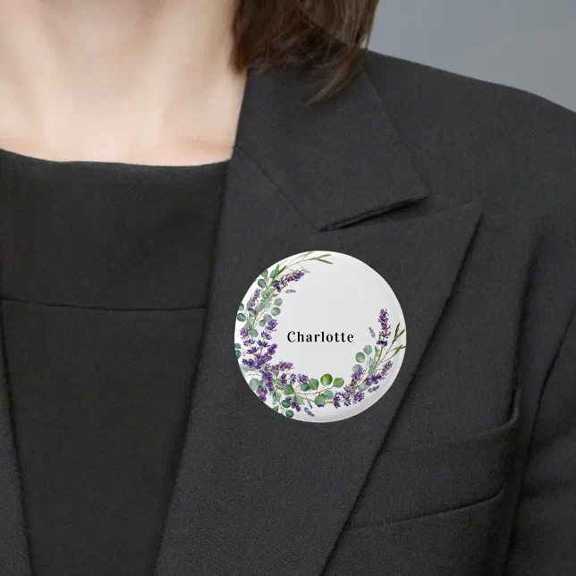 Lavender eucalyptus greenery name tag button | Zazzle