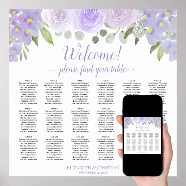 Lavender Floral 18 Table Wedding Seating Chart | Zazzle