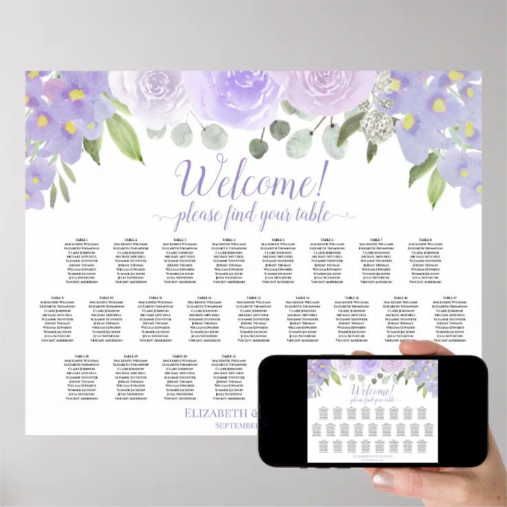 Lavender Floral 25 Table Wedding Seating Chart | Zazzle