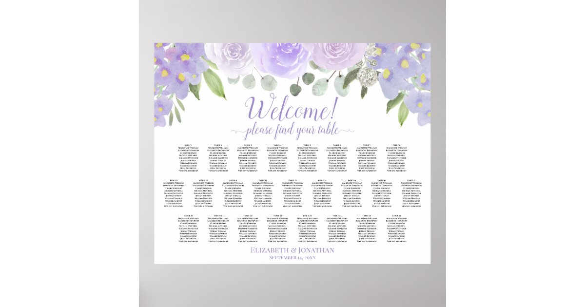 Lavender Floral 25 Table Wedding Seating Chart | Zazzle