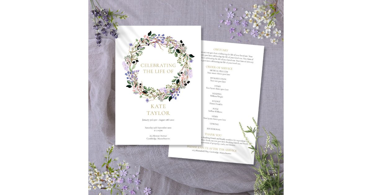 Lavender Floral Funeral Memorial Order Of Service Program | Zazzle