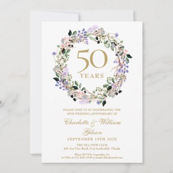 Lavender Floral Garland 50th Wedding Anniversary Invitation | Zazzle