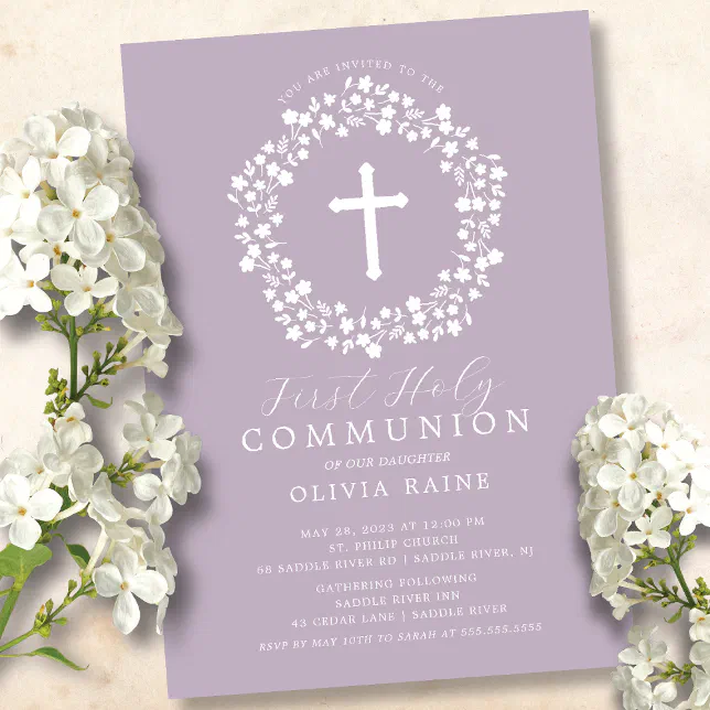 Lavender Floral Girls First Communion Invitation | Zazzle