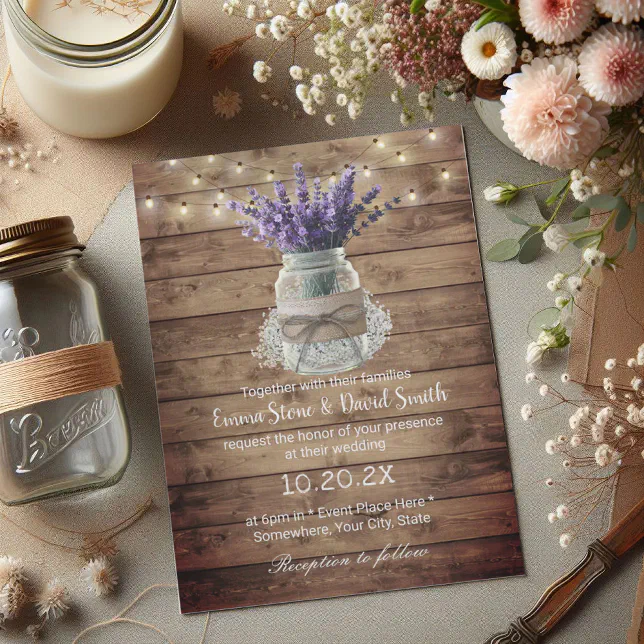 Lavender Floral Jar String Lights Rustic Wedding Invitation | Zazzle
