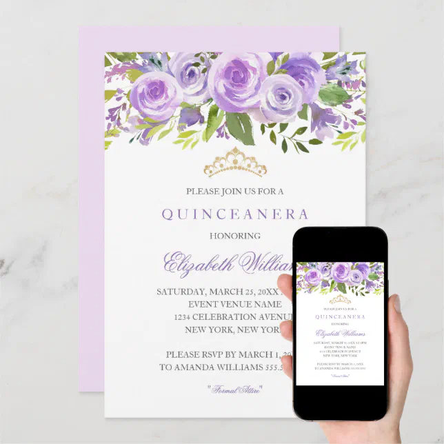 Lavender Floral Rose Quinceanera Invitation | Zazzle