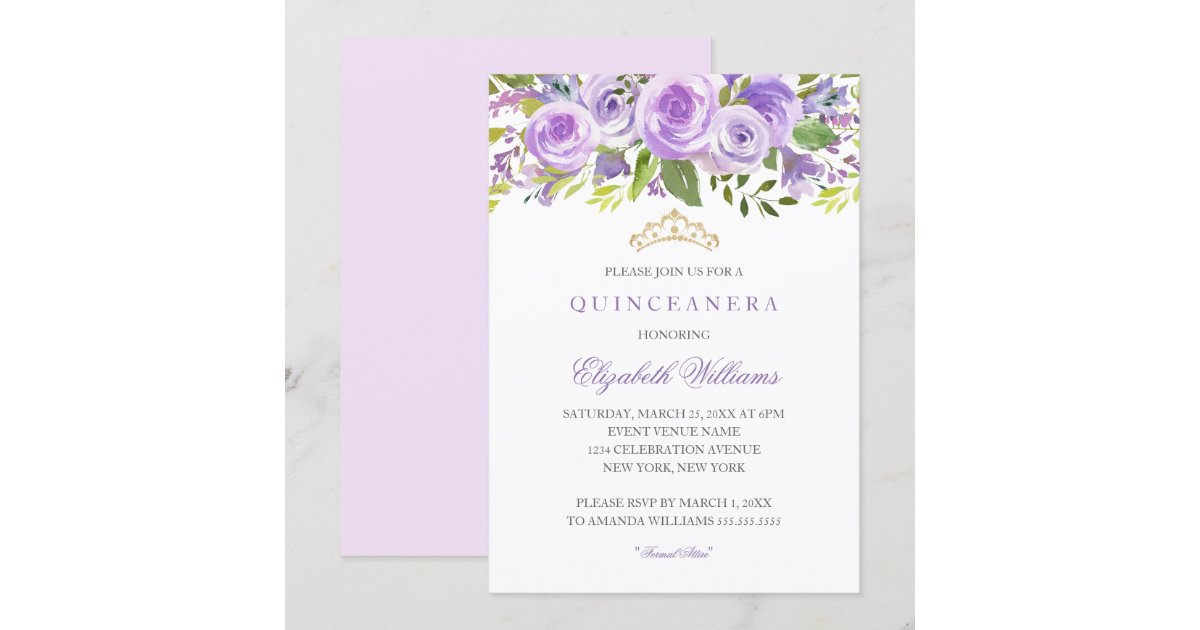 Lavender Floral Rose Quinceanera Invitation | Zazzle