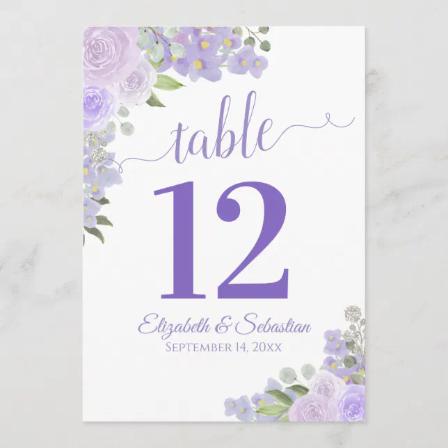 Lavender Floral Wedding Table Number Card Large | Zazzle