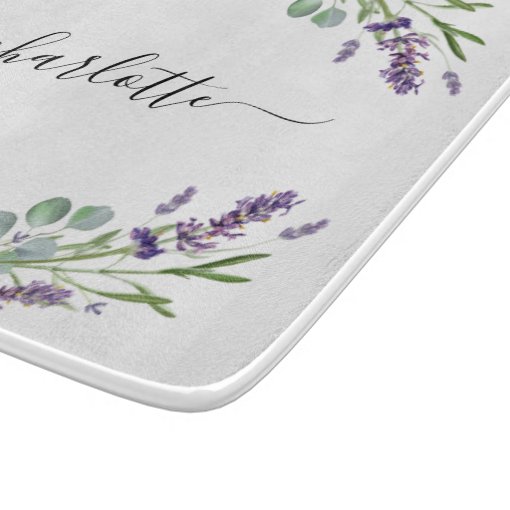 Lavender florals eucalyptus greenery name cutting board | Zazzle