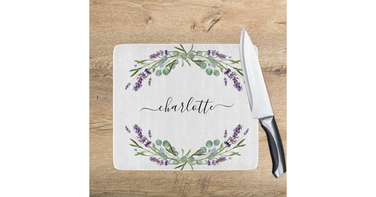 Lavender florals eucalyptus greenery name cutting board | Zazzle