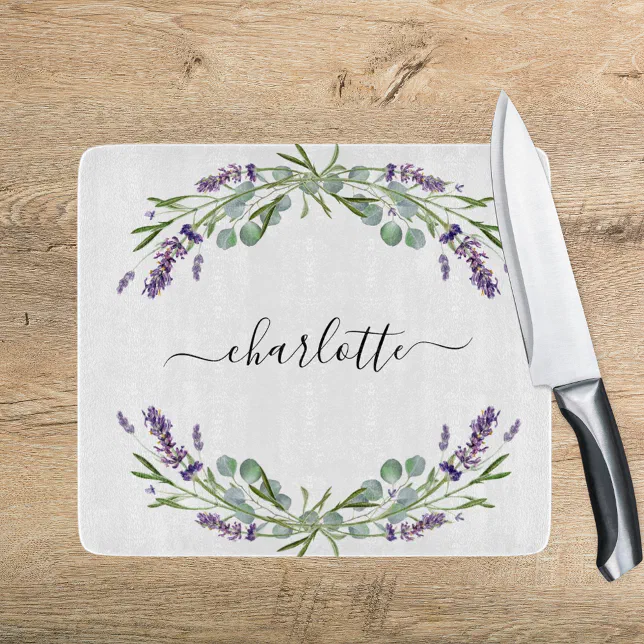 Lavender florals eucalyptus greenery name cutting board | Zazzle