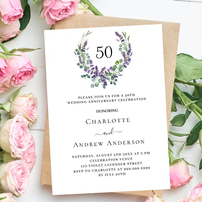 Lavender florals luxury 50th wedding anniversary invitation | Zazzle