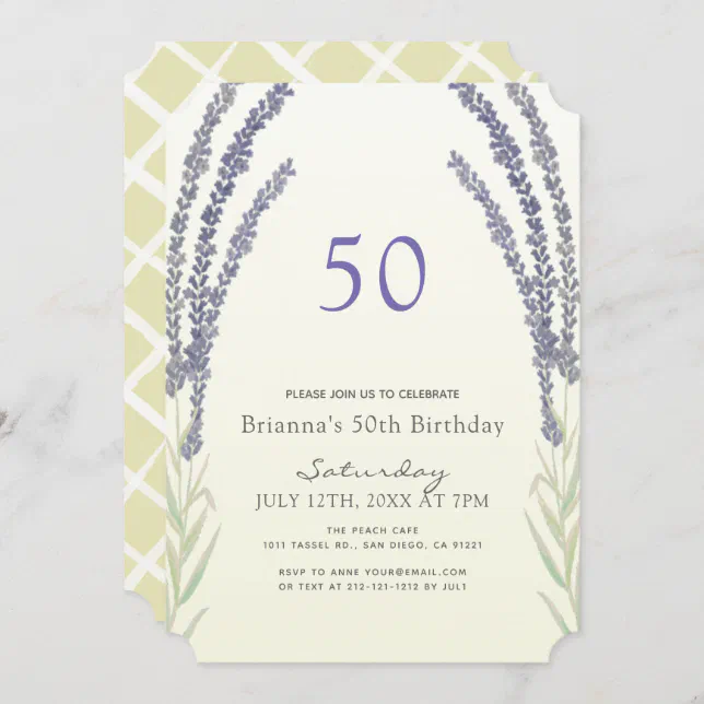 Lavender Flower Sprigs Yellow 50th Birthday Invitation | Zazzle
