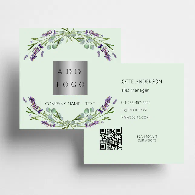 Lavender flowers violet green logo QR code Square Business Card | Zazzle
