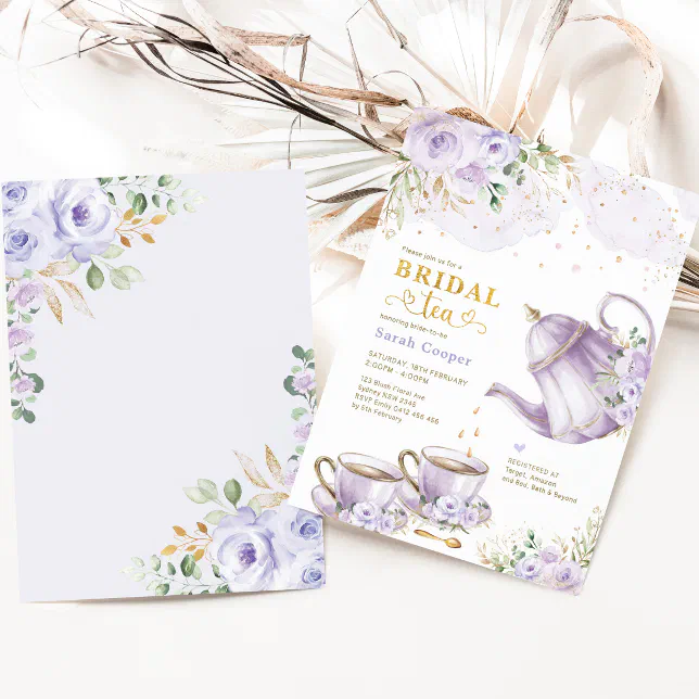 Lavender Gold Floral Bridal Shower Tea Party Invitation Zazzle
