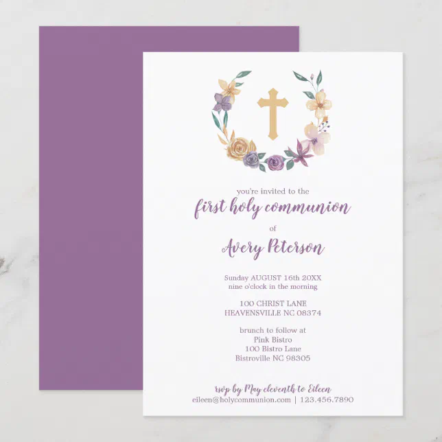 Lavender & Gold Floral Cross First Holy Communion Invitation | Zazzle