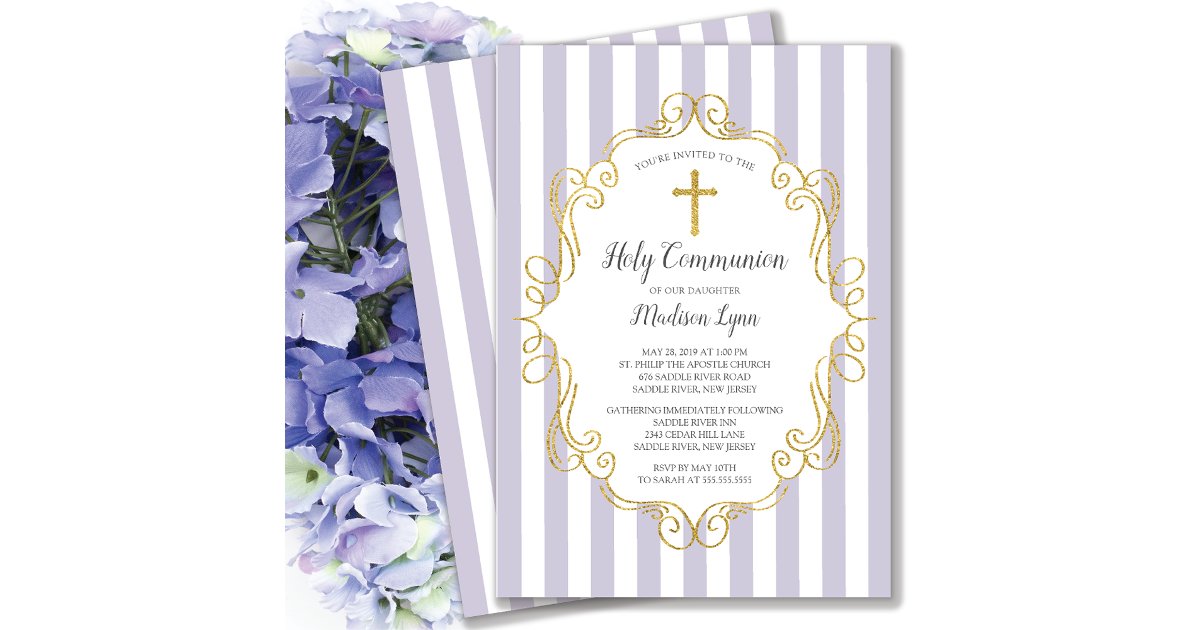 Lavender & Gold Frame First Holy Communion Invitation | Zazzle