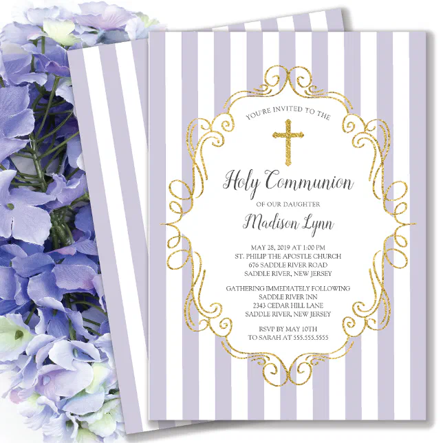 Lavender & Gold Frame First Holy Communion Invitation | Zazzle
