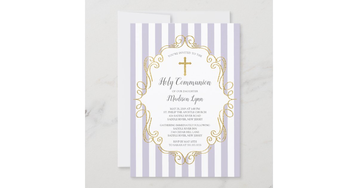 Lavender & Gold Frame First Holy Communion Invitation | Zazzle
