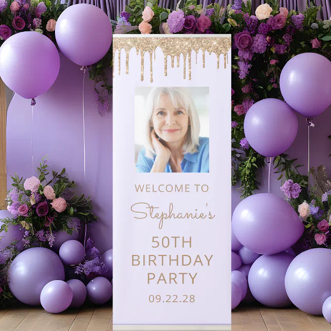Lavender Gold Glitter Drip Photo 50th Birthday Retractable Banner | Zazzle