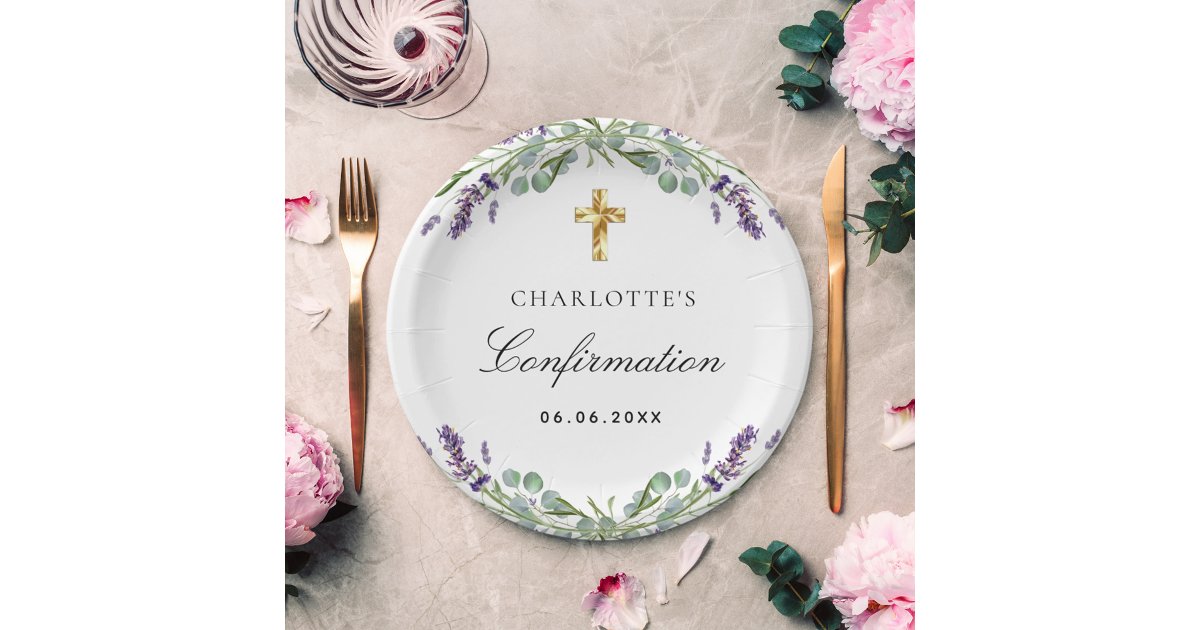 Lavender greenery violet florals Confirmation Paper Plates | Zazzle