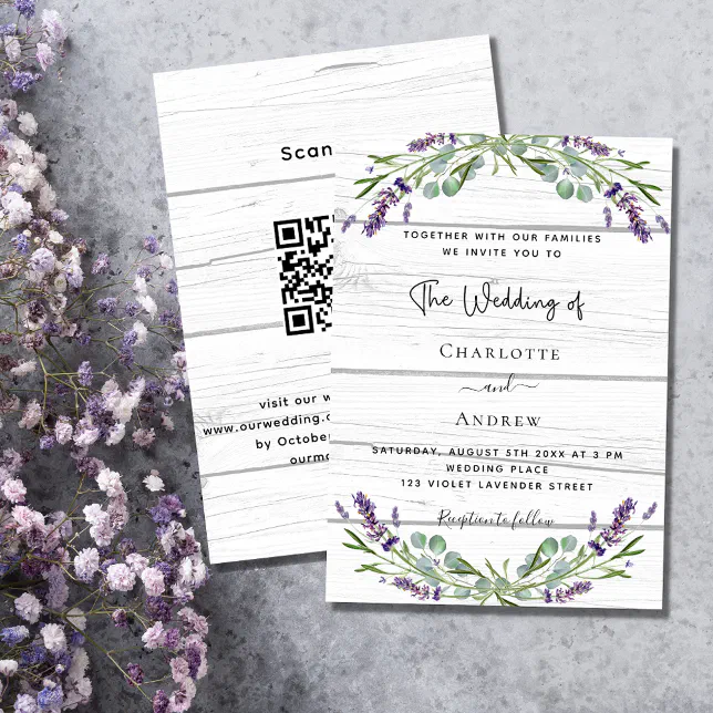 Lavender greenery wood QR code luxury wedding Invitation | Zazzle