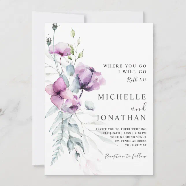 Lavender Grey Floral Bible Verse Christian Wedding Invitation | Zazzle