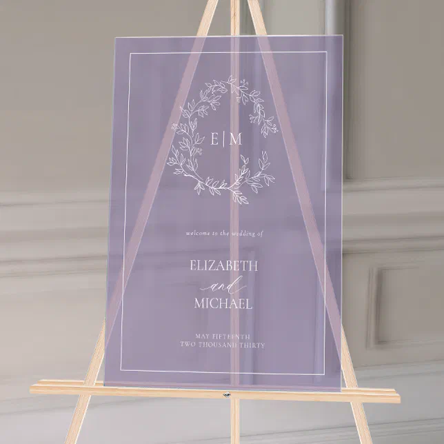 Lavender Leafy Crest Monogram Welcome Wedding Acrylic Sign | Zazzle