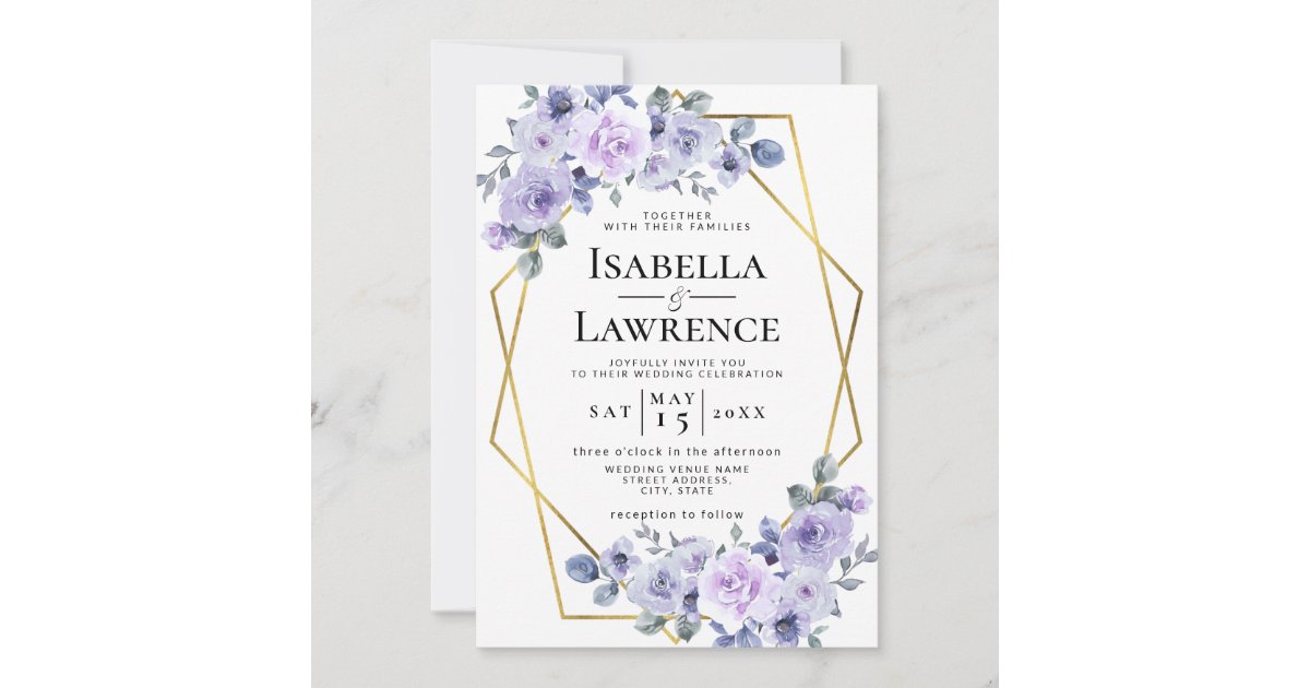 Lavender Lilac Floral Gold Frame Elegant Wedding Invitation | Zazzle