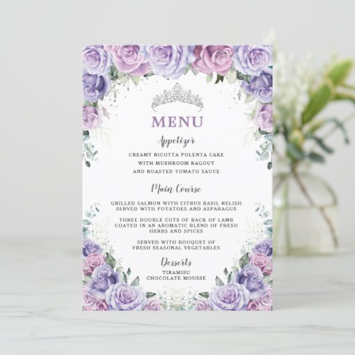 Lavender Lilac Purple Rose Floral Quinceanera Menu | Zazzle