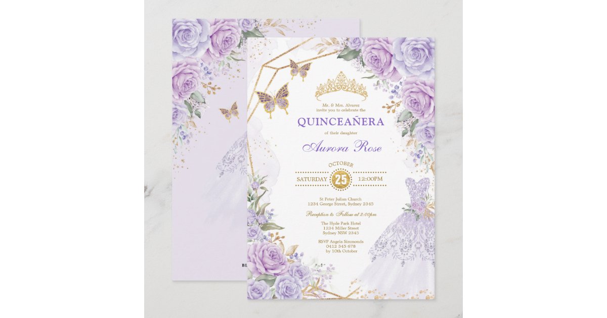Lavender Lilac Roses Quinceañera Princess Birthday Invitation | Zazzle