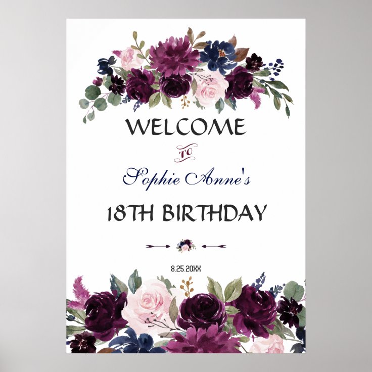 Lavender Navy Blue Floral Bloom 18th Birthday Sign | Zazzle