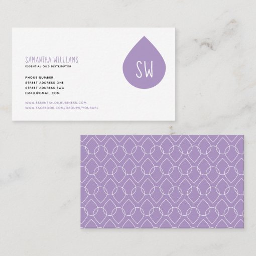 Lavender Oil Drop Initials Pattern Essential Oils Business Card | Zazzle