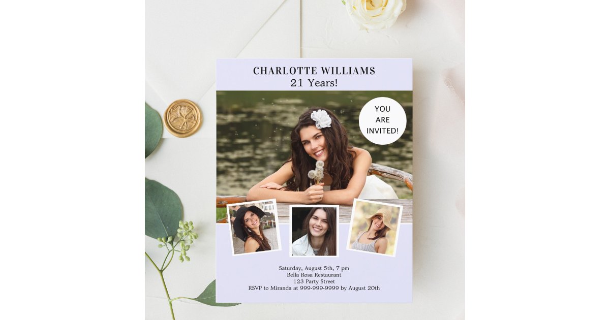 Lavender photo collage birthday invitation | Zazzle